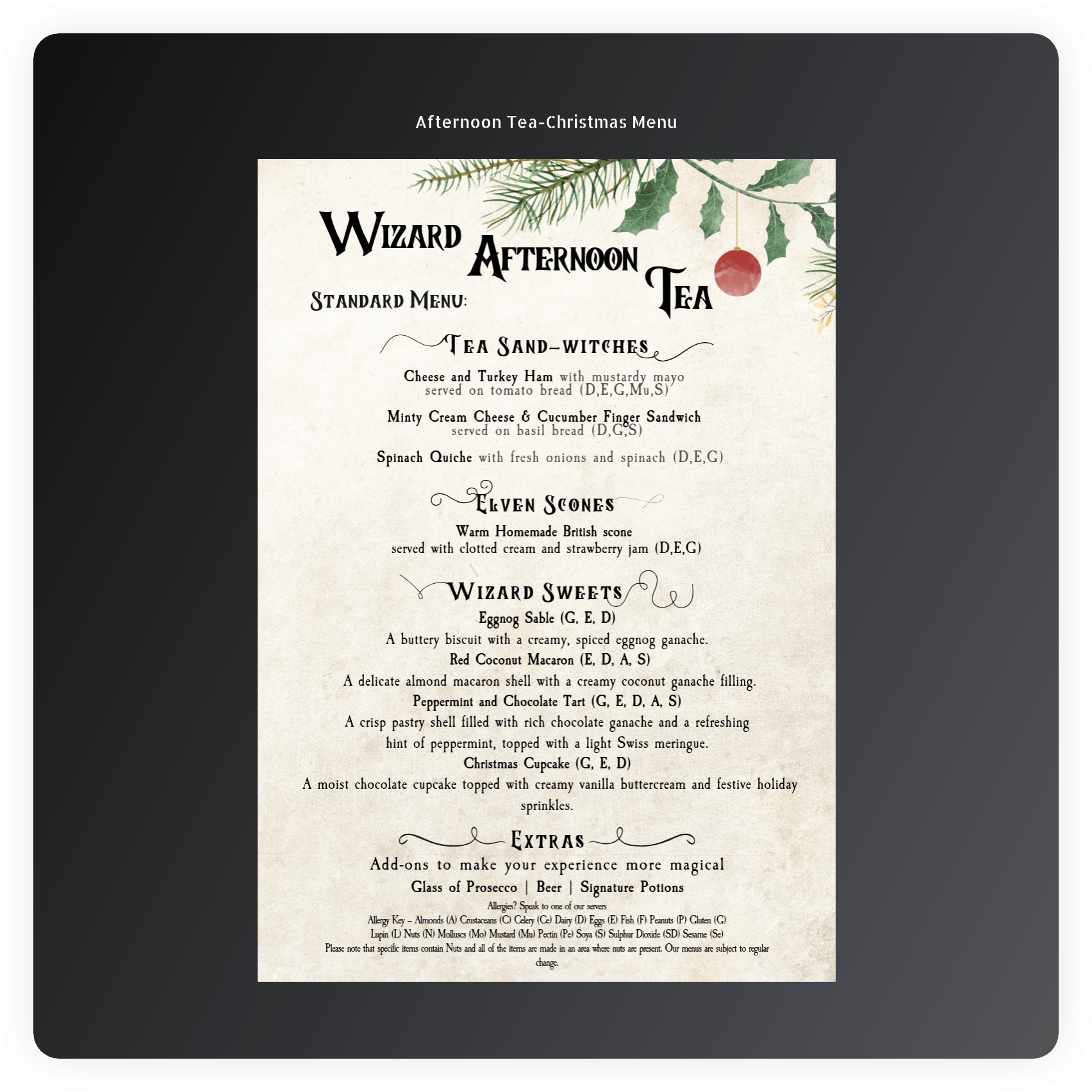 Afternoon Tea Menu: The Wizard Exploratorium